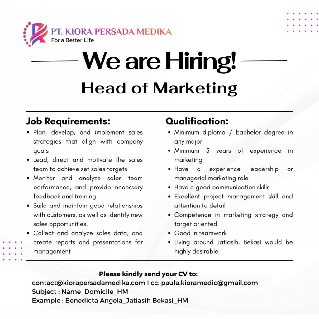 We Are Hiring Head Of Marketing - PT Kiora Persada Medika